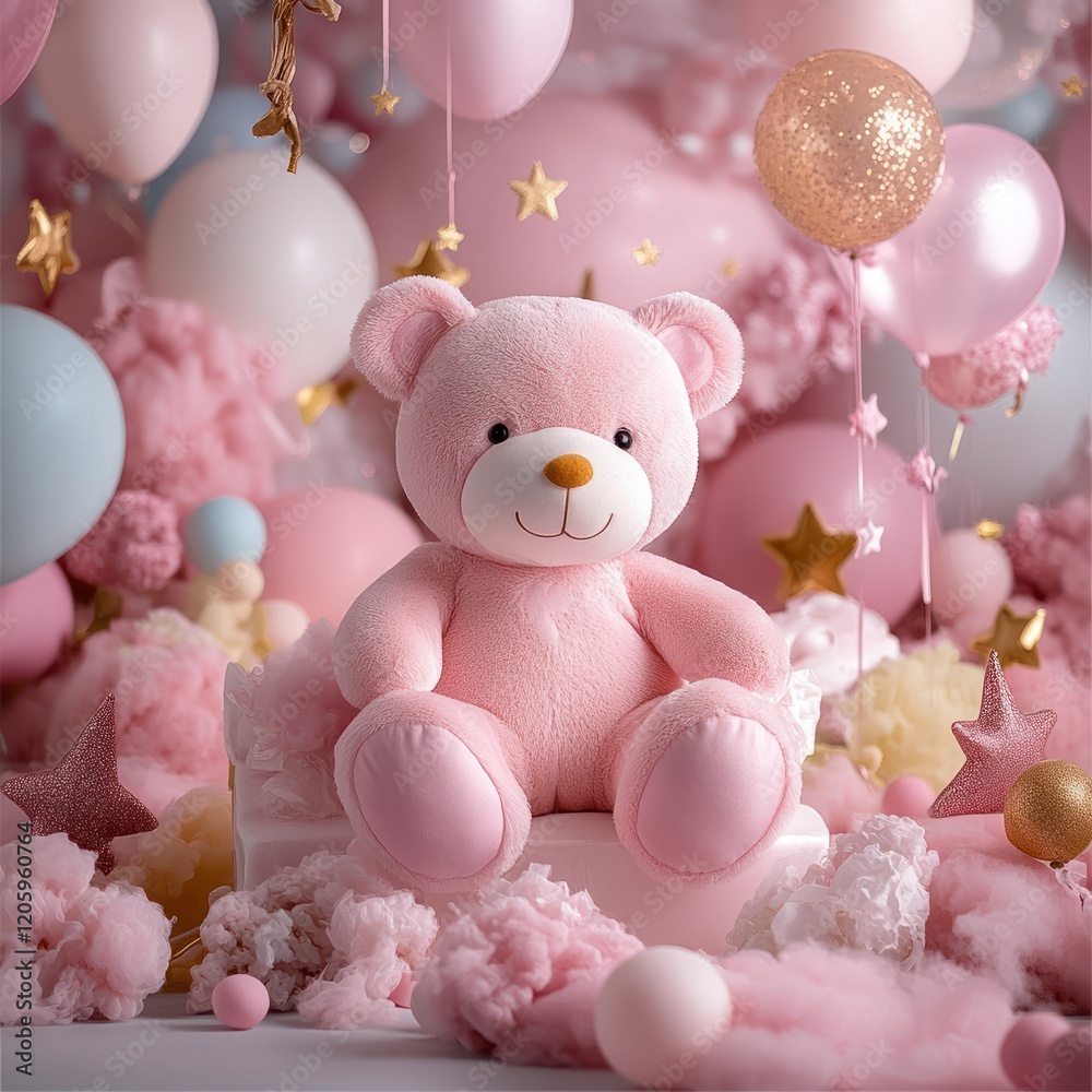 Pastel Pink Teddy Bear Digital Background for Baby Birthday Cake Smash ...