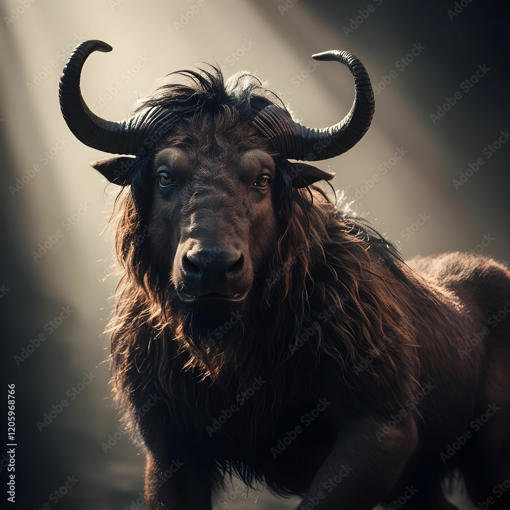 A mythological minotaur emerges from the shadows, its muscular form ...