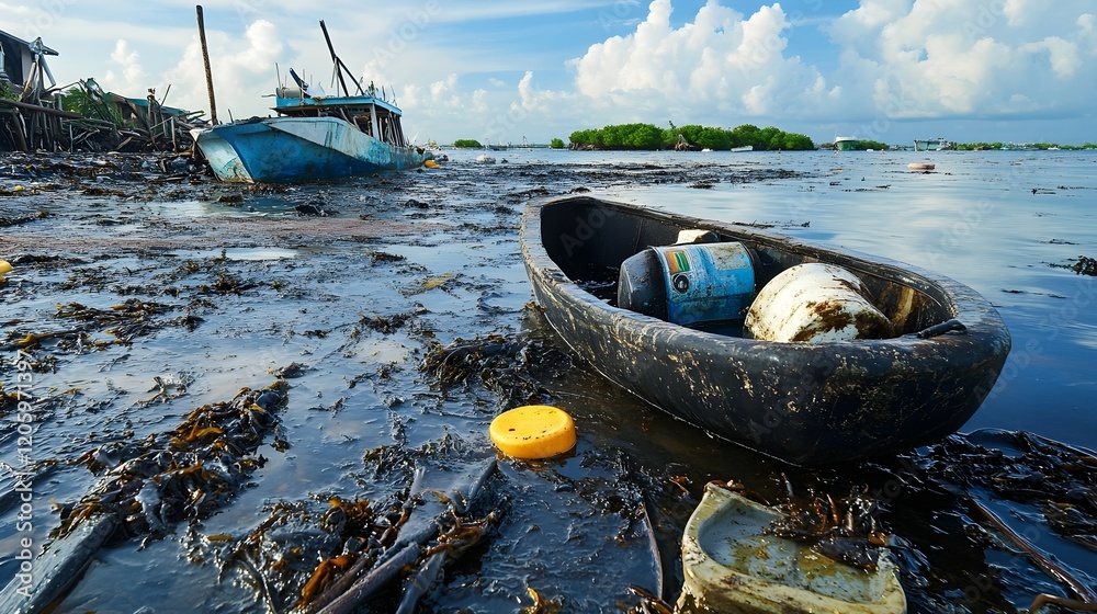 Environmental Disaster Scene Polluted Ocean Water Damaged Boats Seaweed ...