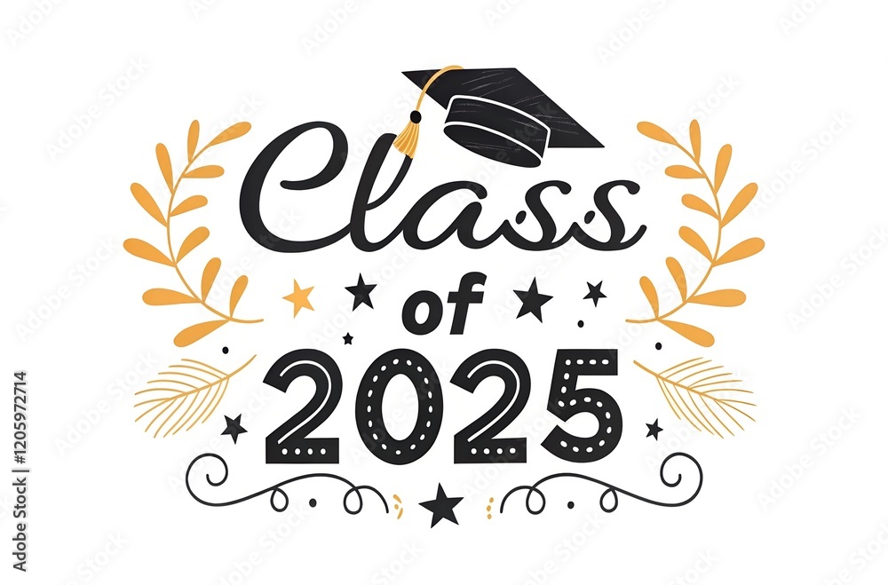 Elegant "Class of 2025" typography design with a graduation cap, gold ...