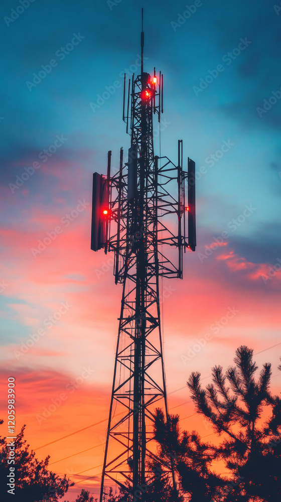 Communication tower rising against vibrant sunset sky, highlighting ...
