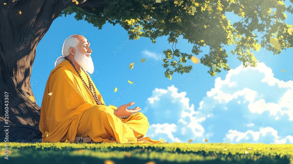 Guru Purnima Vector Illustration: Serene Happy Guru Meditating Under ...