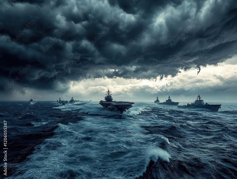dramatic ocean scene with aircraft carrier leading fleet of destroyers ...
