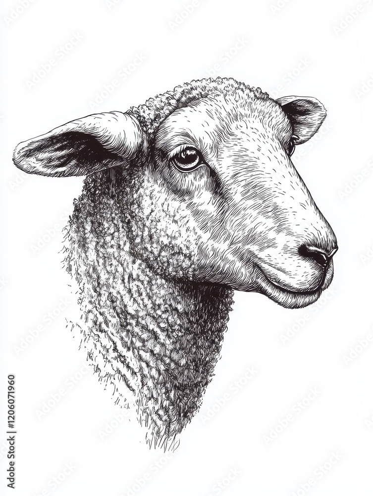 Sheep, lamb. Vintage retro print, black white sheep lamb sketch ink ...