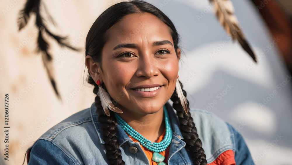 Native American woman smiling in traditional attire with braids and ...