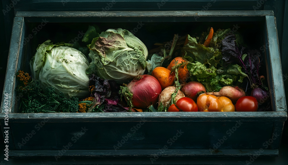 Spoiled vegetables discarded in a bin, visualizing food waste and ...