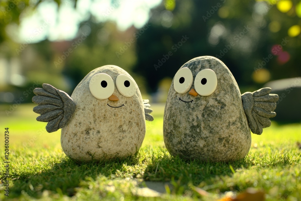 Quirky stone owls with googly eyes and cartoon wings in a sunny park ...