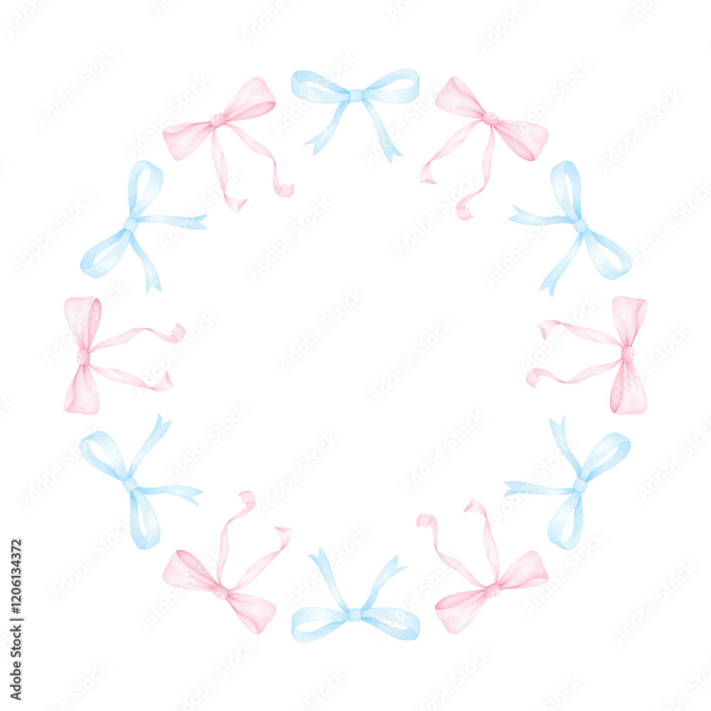 cute festive bows. Watercolor round frame on white background for ...