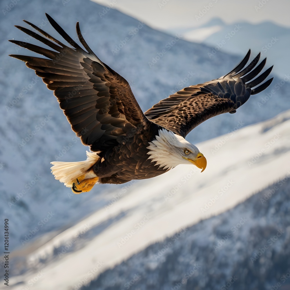 portrait of a bald eagle in flight, with its wings fully extended Stock ...