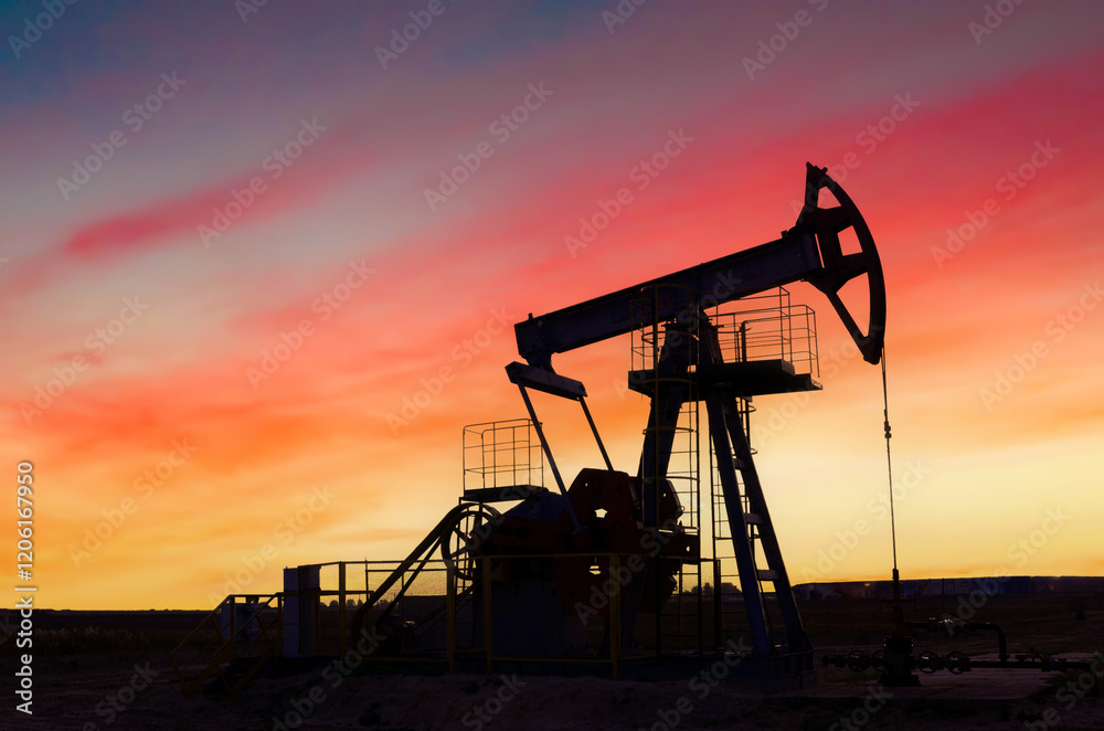 Foto de Stock Crude oil pump jack at oilfield on atmospheric sunset ...