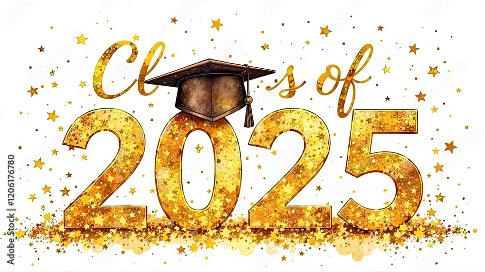 Gold-black text "Class of 2025" with graduation hat with tessel and ...