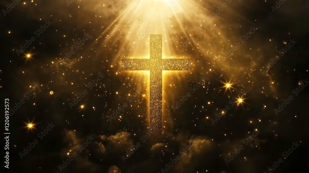 Glowing golden cross with light rays and sparkles against dark ...