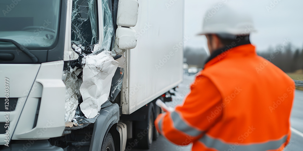 Accident investigation on a highway. A damaged truck and a safety ...