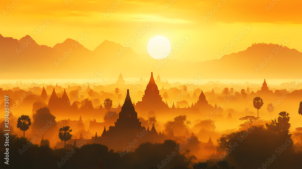 Sunrise over ancient temple ruins in southeast asia with golden light ...
