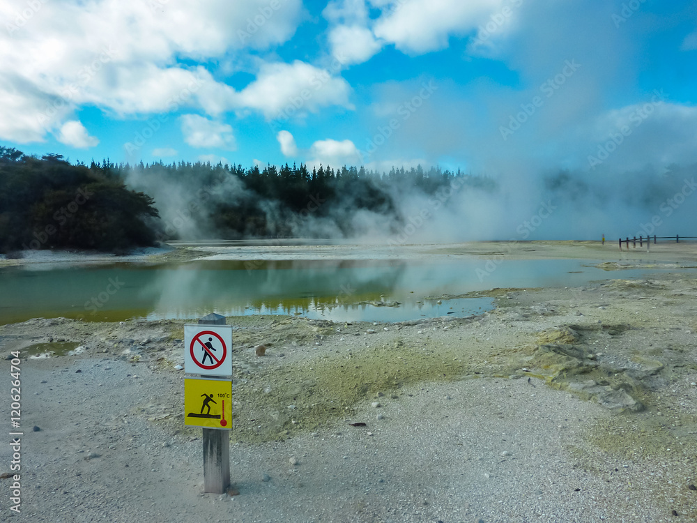 Geothermal area with steaming pools in Waiotapu Thermal Wonderland ...