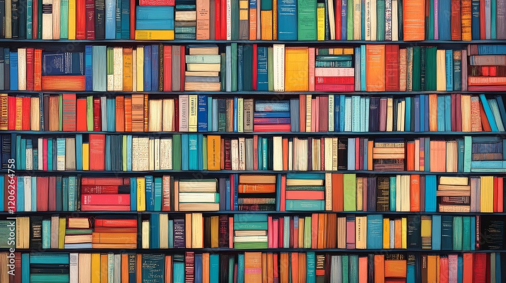 This image displays a well-organized bookshelf brimming with books of ...