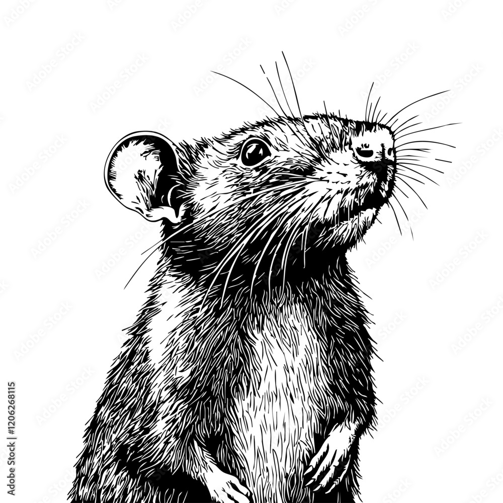 Fine Line Art Illustration, A Detailed Sketch of Rat Featuring Textured ...