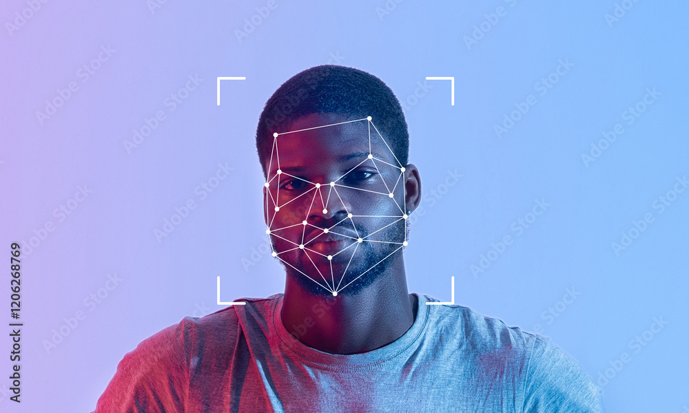 A person is shown with facial recognition technology applied ...