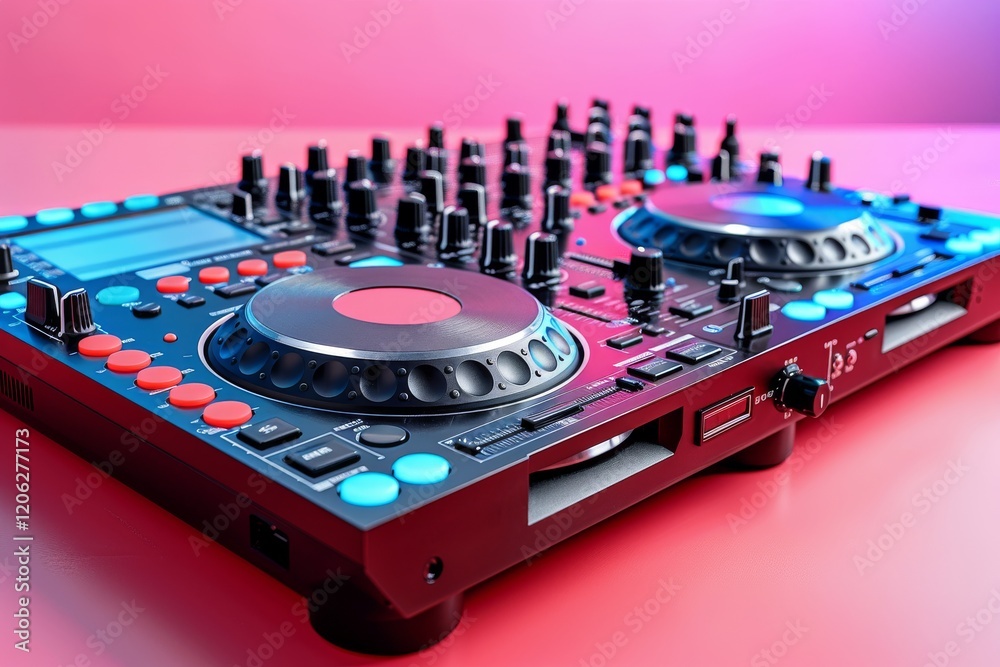 High-tech DJ mixer setup featuring vibrant colors and detailed controls ...