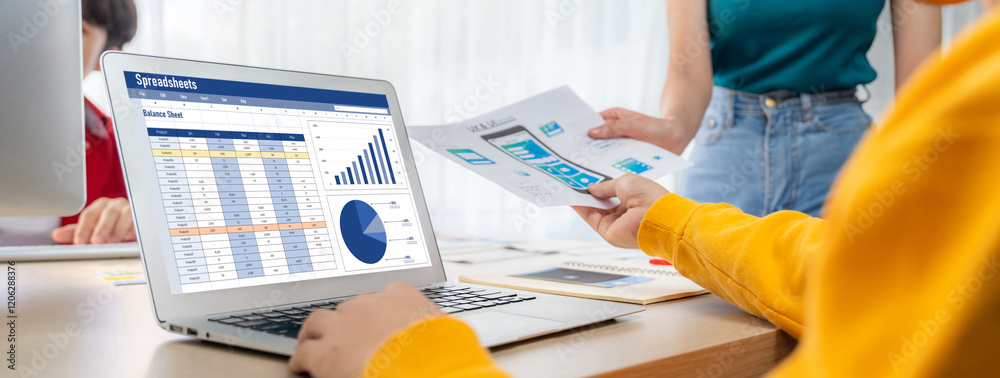 Spreadsheet document information financial startup concept. data and ...