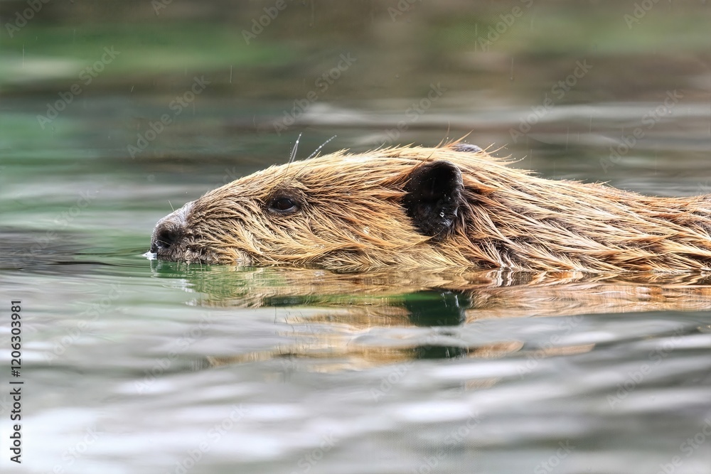 Beaver in Water: Intimate close-up of a beaver swimming while it rains ...