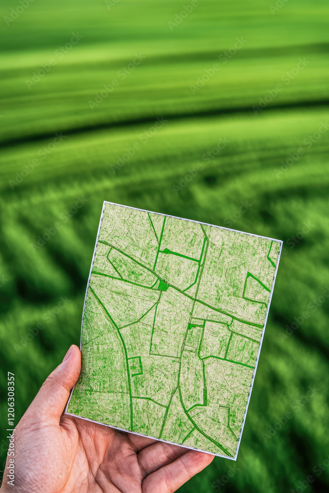 Cadastral map in hand on field background. Sale of building plot of ...