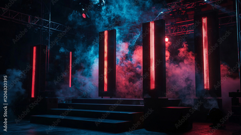 Concert stage with tall red light pillars and smoky effects in a ...