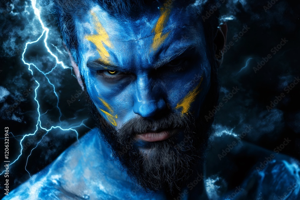 Artistic portrait of a muscular man with blue and yellow body painting ...
