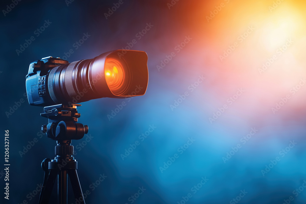 Camera on tripod capturing light in a creative photography setup Stock ...