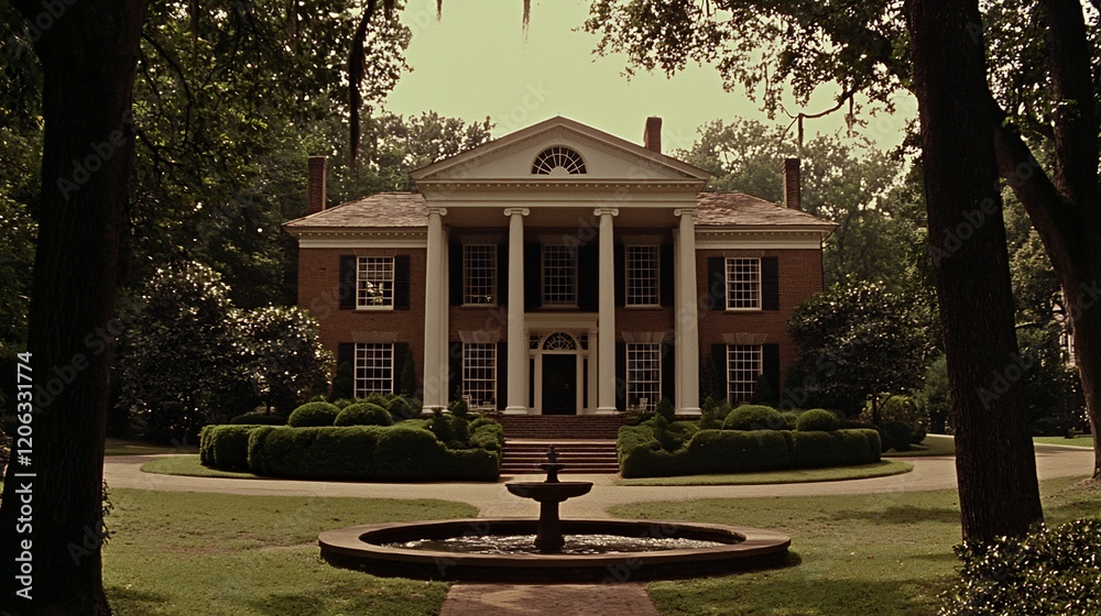 Grand colonial mansion with brick faade white pillars at the entrance ...