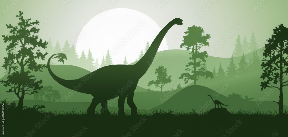 Prehistoric dinosaurs and trees silhouettes. Jurassic dino animals and ...