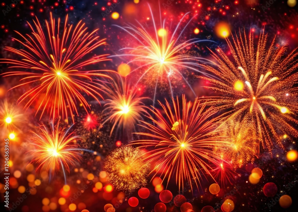 Vibrant Red Fireworks Burst in Particle Cloud, Panoramic Night Sky ...