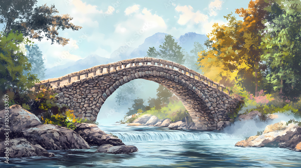 Low-arched stone bridge crossing shallow columbia river, water flow, rustic bridges, serene ...