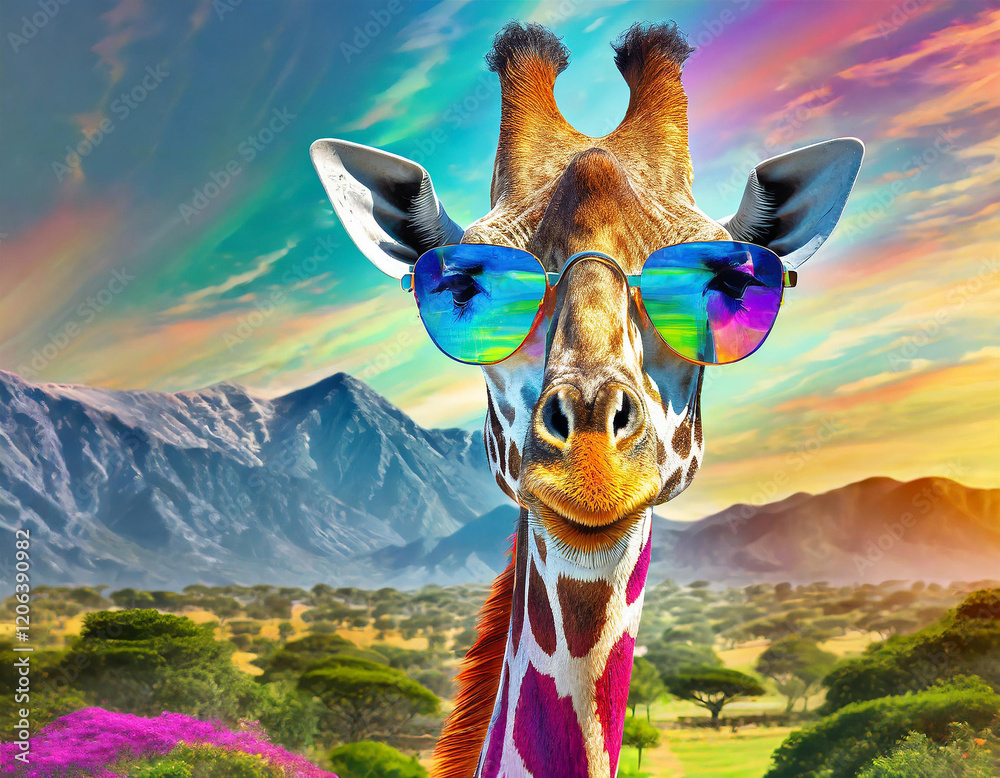 a vibrant, colorful giraffe with a hyper-realistic face in frontal view ...