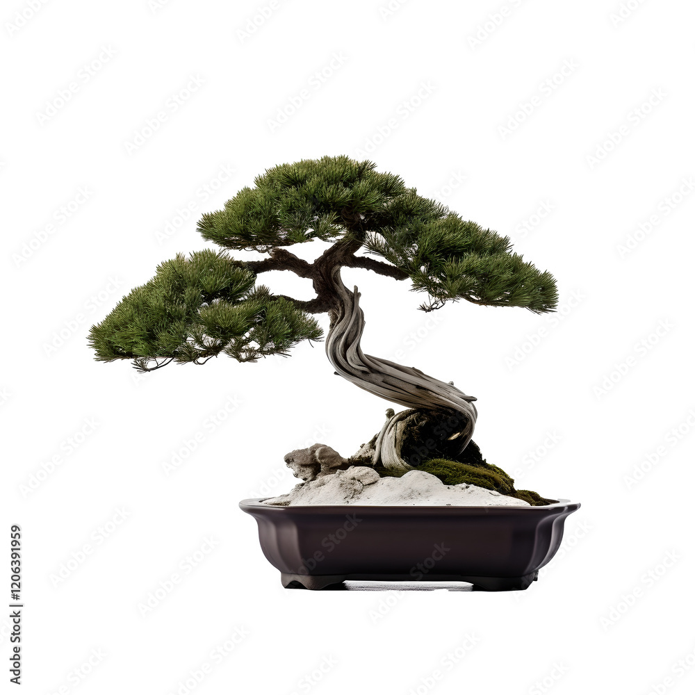 Bonsai tree with twisted trunk and dense foliage in a ceramic pot ...