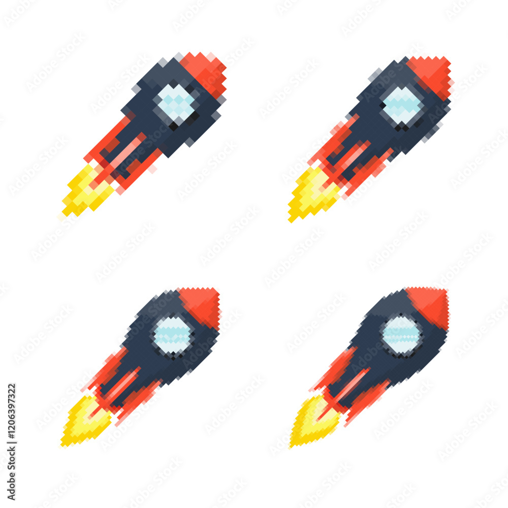 Pixel art rocket with fiery trails, retro games, space-themed designs ...