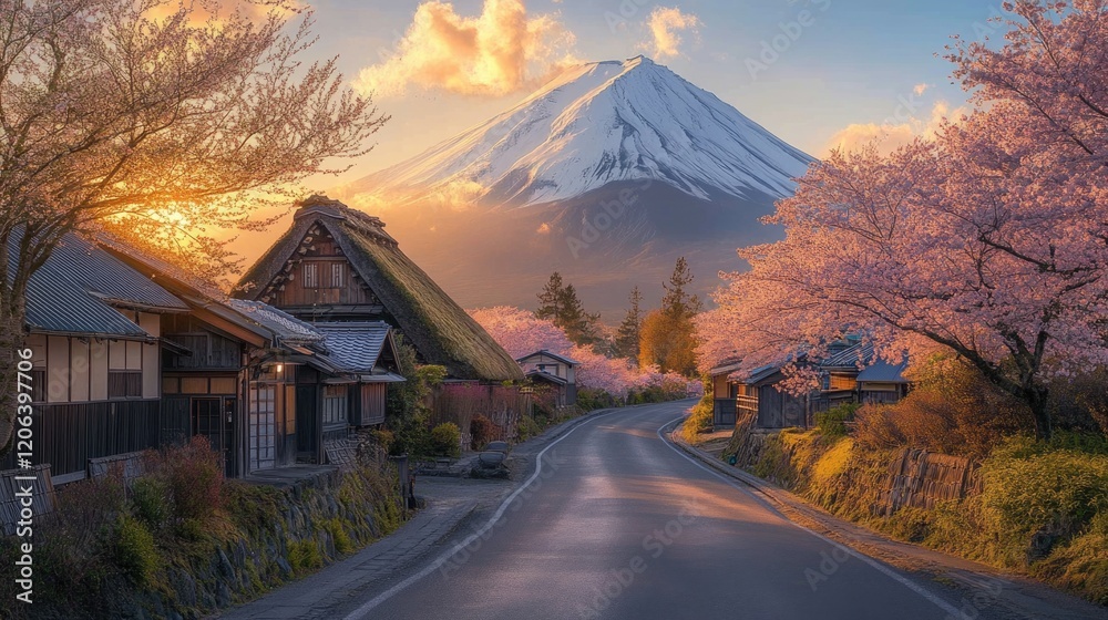 beautiful clean and tidy road to Mount Fuji with blooming pink cherry ...