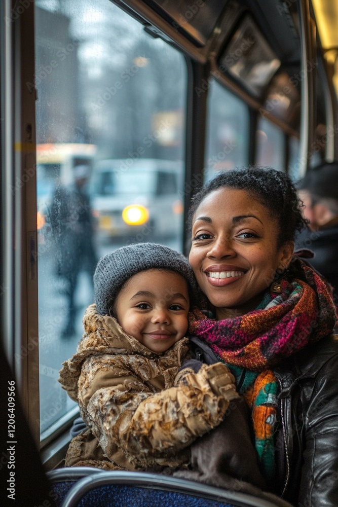 Smiling POC mother and her child on bus with passengers Stock Photo ...