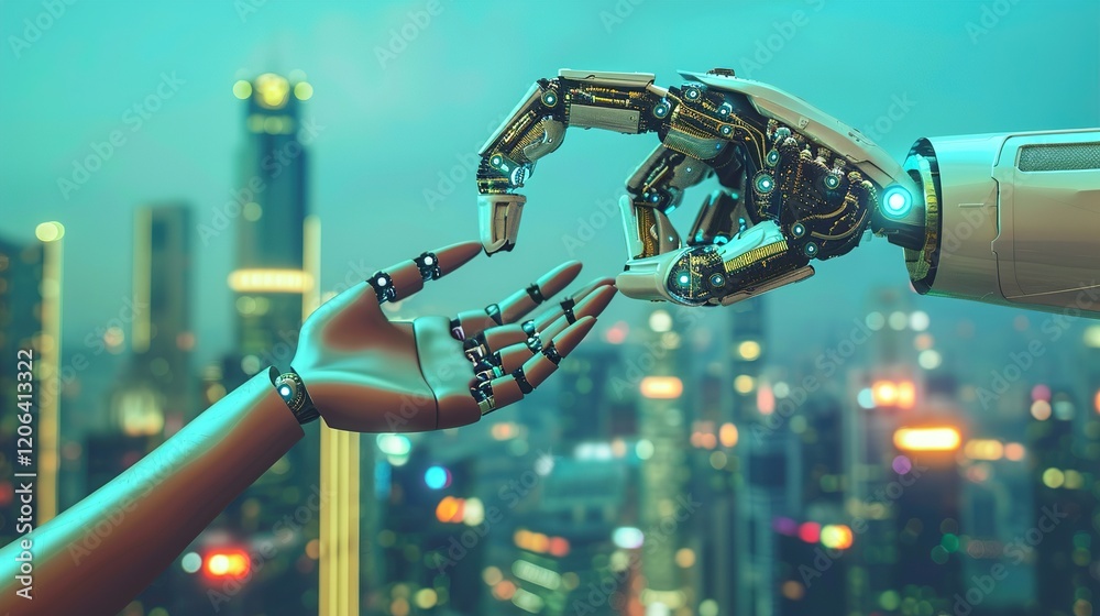 Robot and human hand touching their index finger - Concept about tech ...