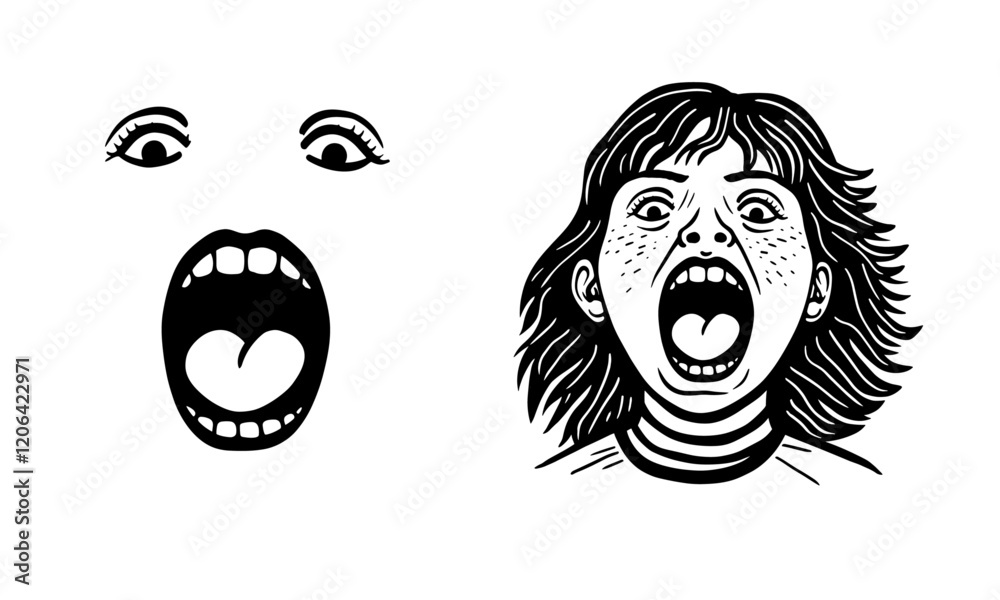 Scream emotion, fear, - screaming mouth and feared eyes - vector design ...