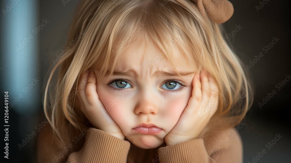 Sad little girl with blonde hair and blue eyes resting her face on ...