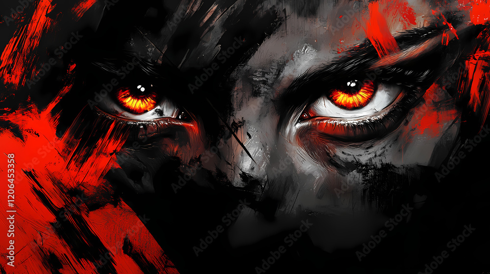 Fierce eyes ablaze with intensity reflect the turmoil of war, as a ...