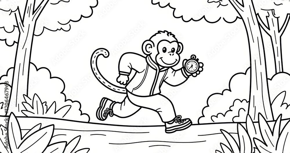 Monkey running with stopwatch in forest outline. Coloring page style ...