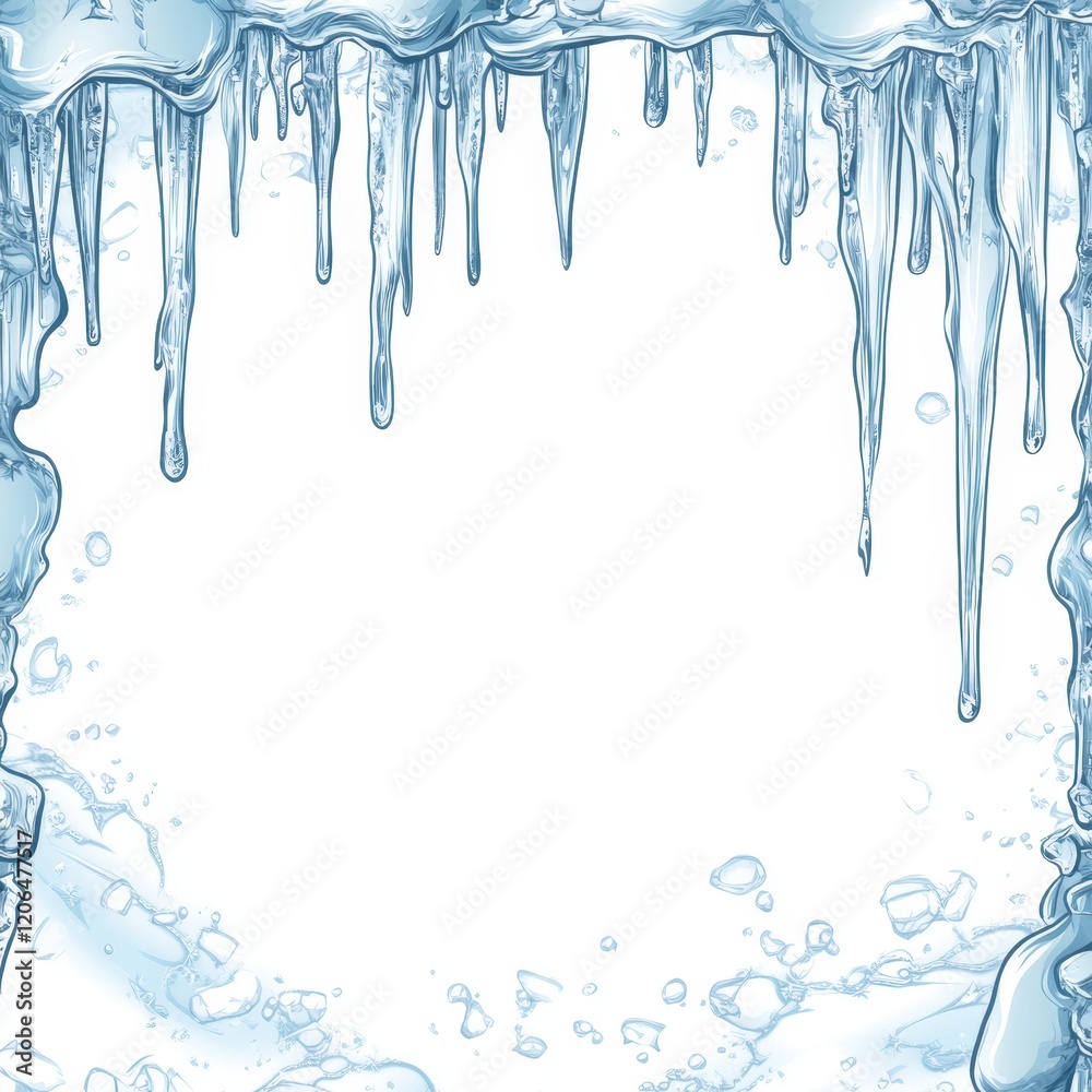 Icicle frame border with melting ice and water droplets on white ...
