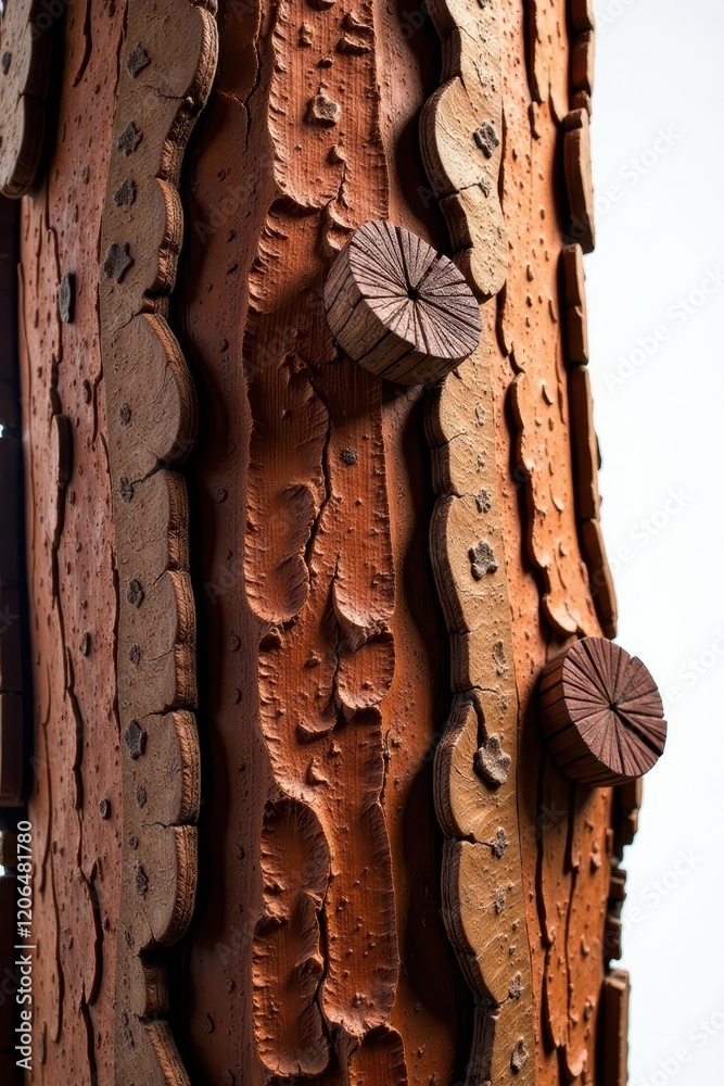 Padauk tree bark with prominent ridges on white background, brown ...