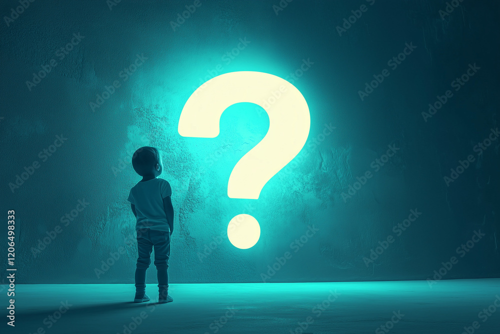 Curious Child Gazing Upward with a Question Mark Symbol Overhead ...