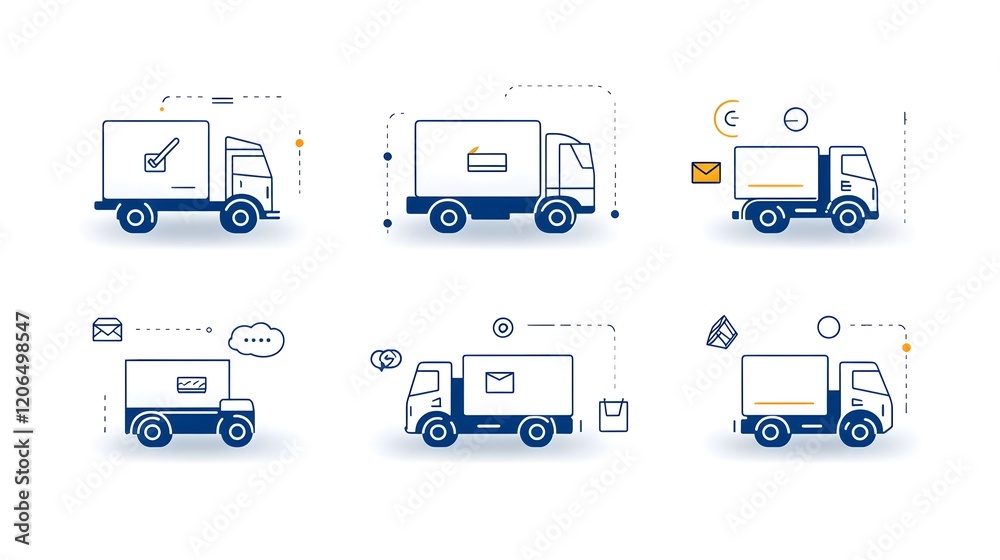 Collection of 6 minimal linear icons of delivery trucks including ...