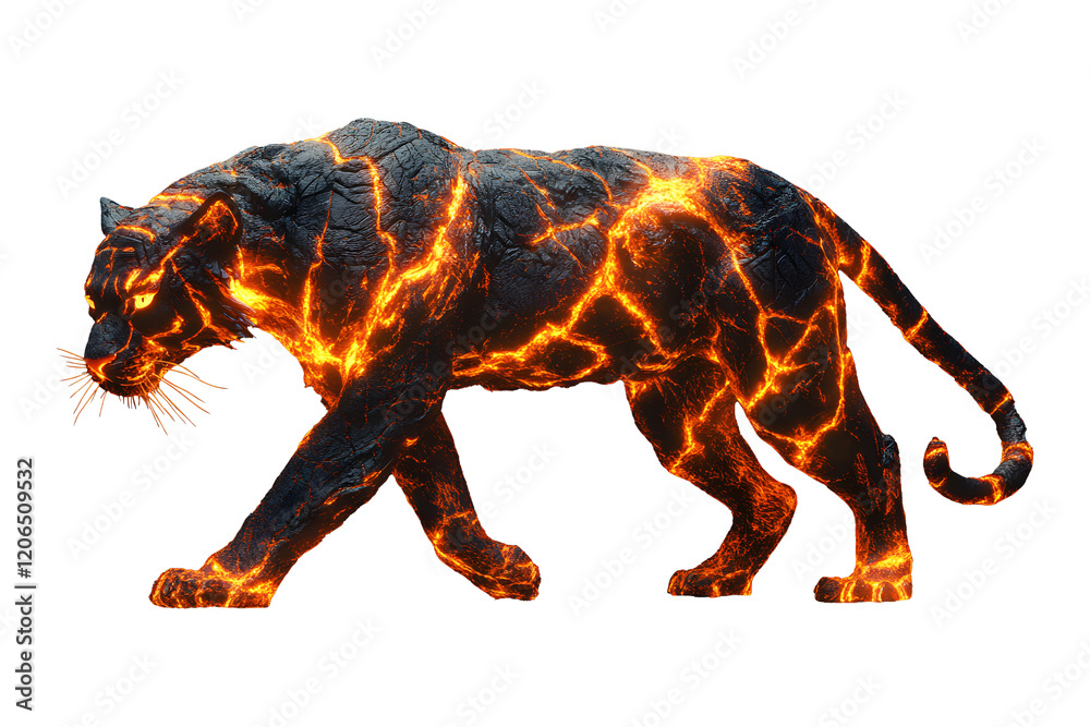 Animal Tiger in walking crafted entirely from molten magma or lava and ...