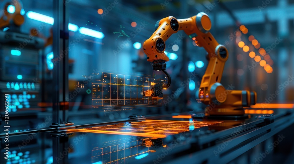 Advanced robotic arm performs object recognition. AI processing ...