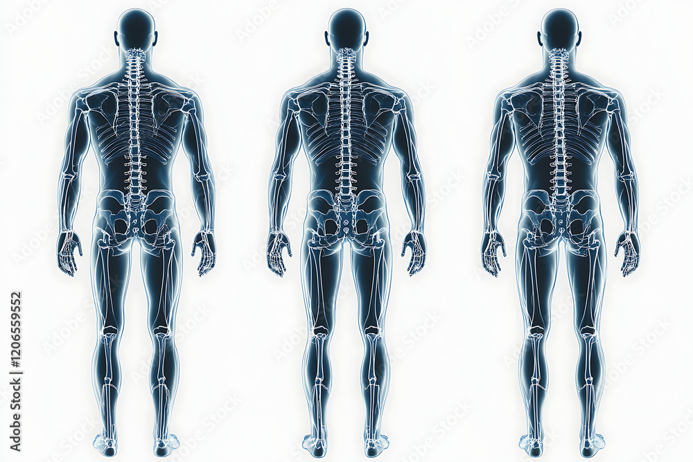 Anatomical illustration of three human figures showcasing skeletal ...